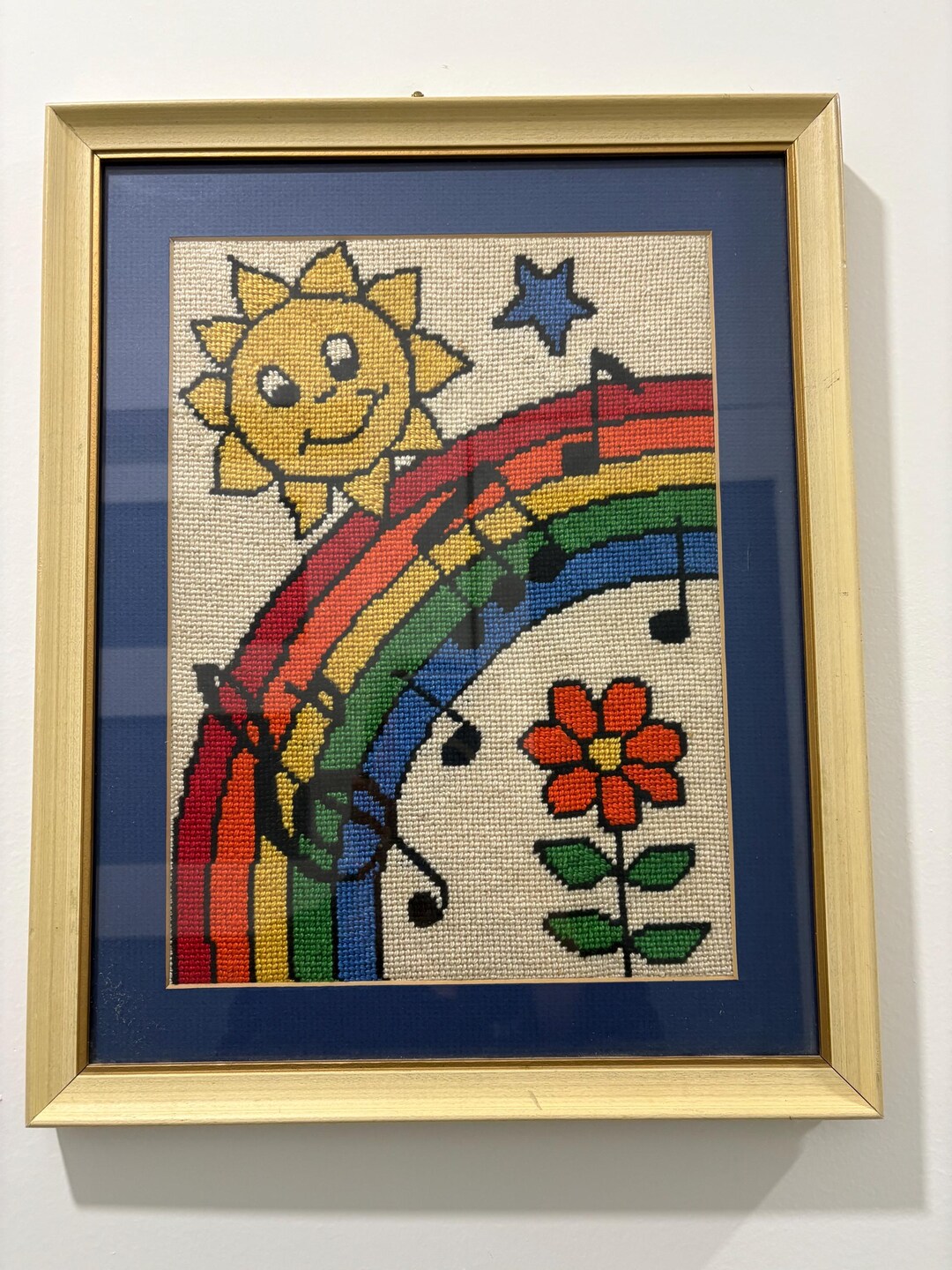 Vintage Framed Needlepoint Artwork Featuring a Vibrant and Cheerful ...