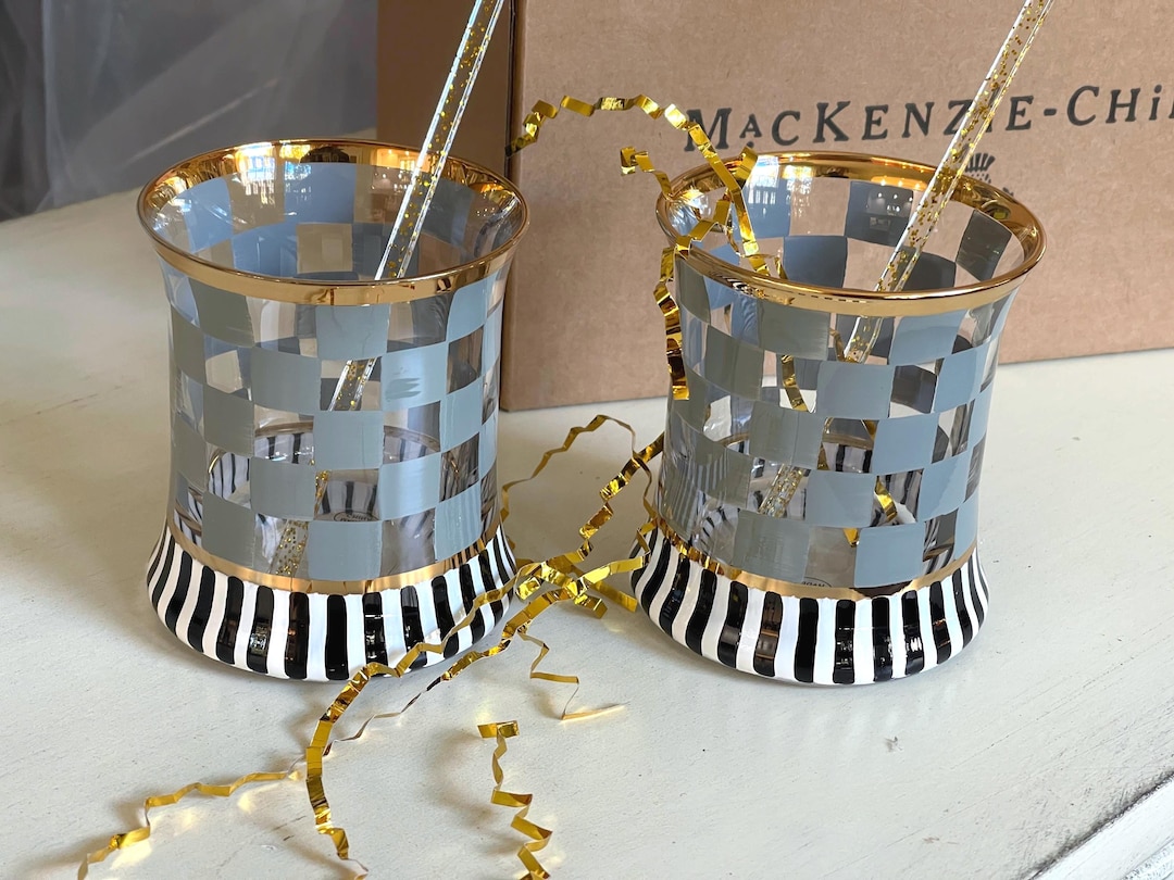 Mackenzie-childs “carnival”tumblers (set of 2) W/ Gift Box & Gold ...