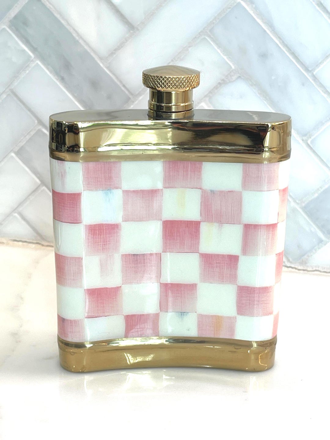 Mackenzie Childs Rosy Check Flask-rosy Bar Cart Muse - Etsy