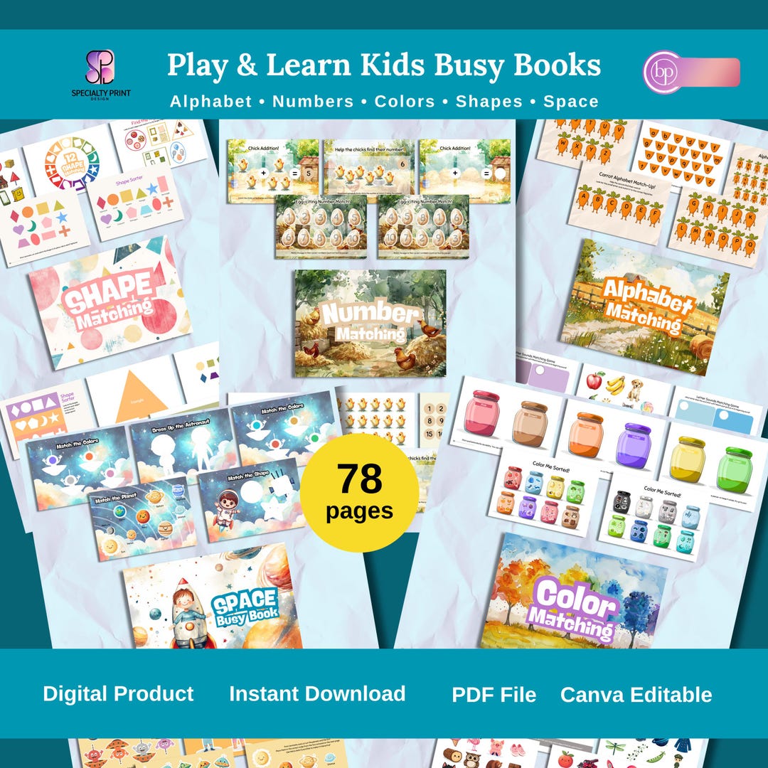 Kids Printable Busy Book Bundle: Alphabet, Numbers, Colors, Shapes (PDF ...