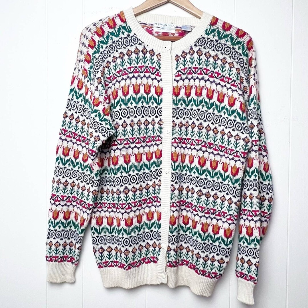 Vintage Fair Isle Cream Floral Embroidered Cardigan Sweater Womens Size ...