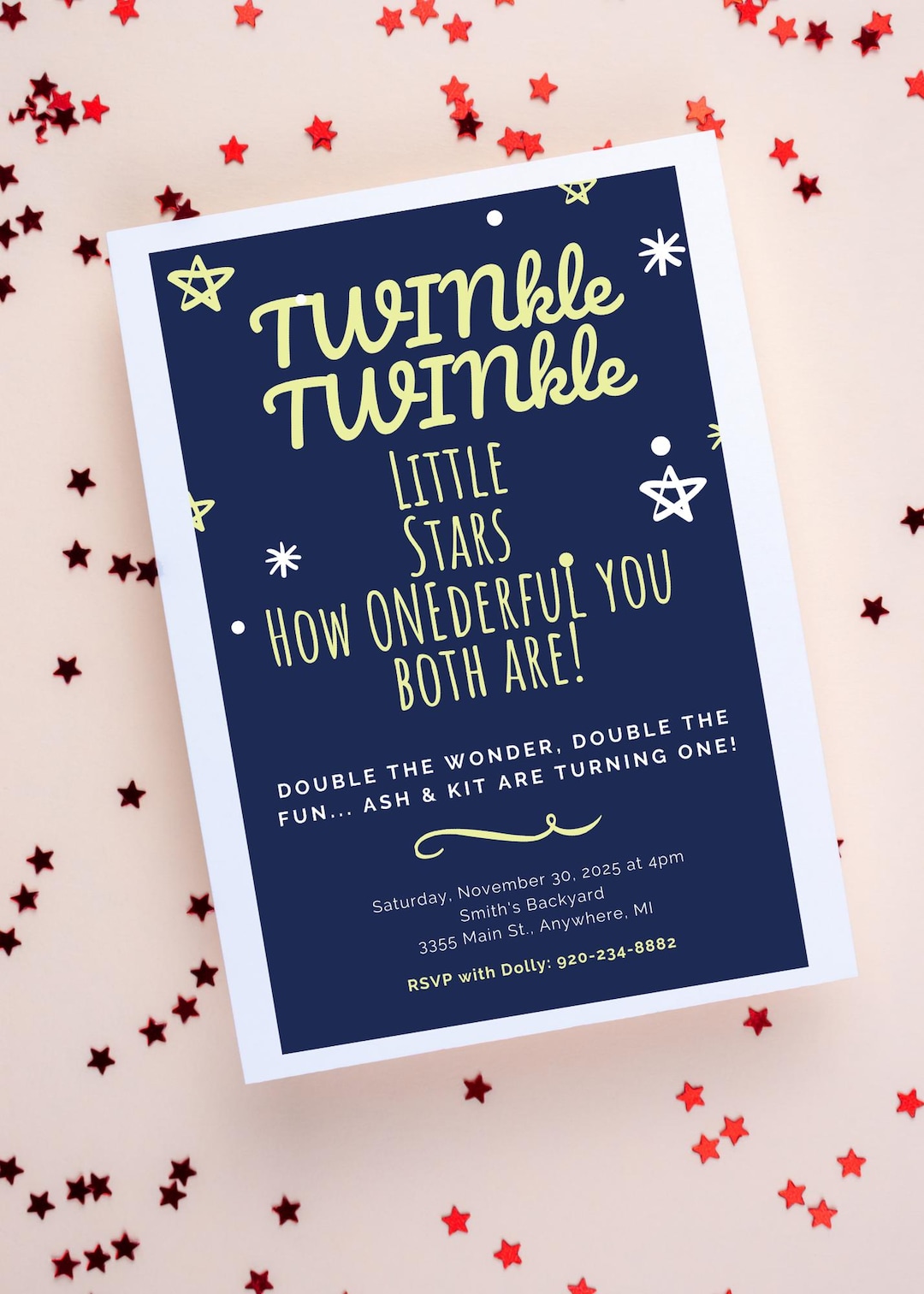 Twin First Birthday Invitation | Twinkle Twinkle Little Stars Theme ...