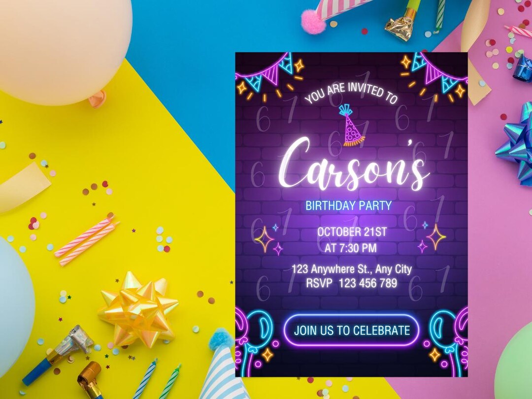 Neon Glow Birthday Invitation | Editable Digital Party Invite | 6 7 ...