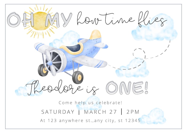 How Time Flies Birthday Invitation Watercolor Airplane, Whimsical ...