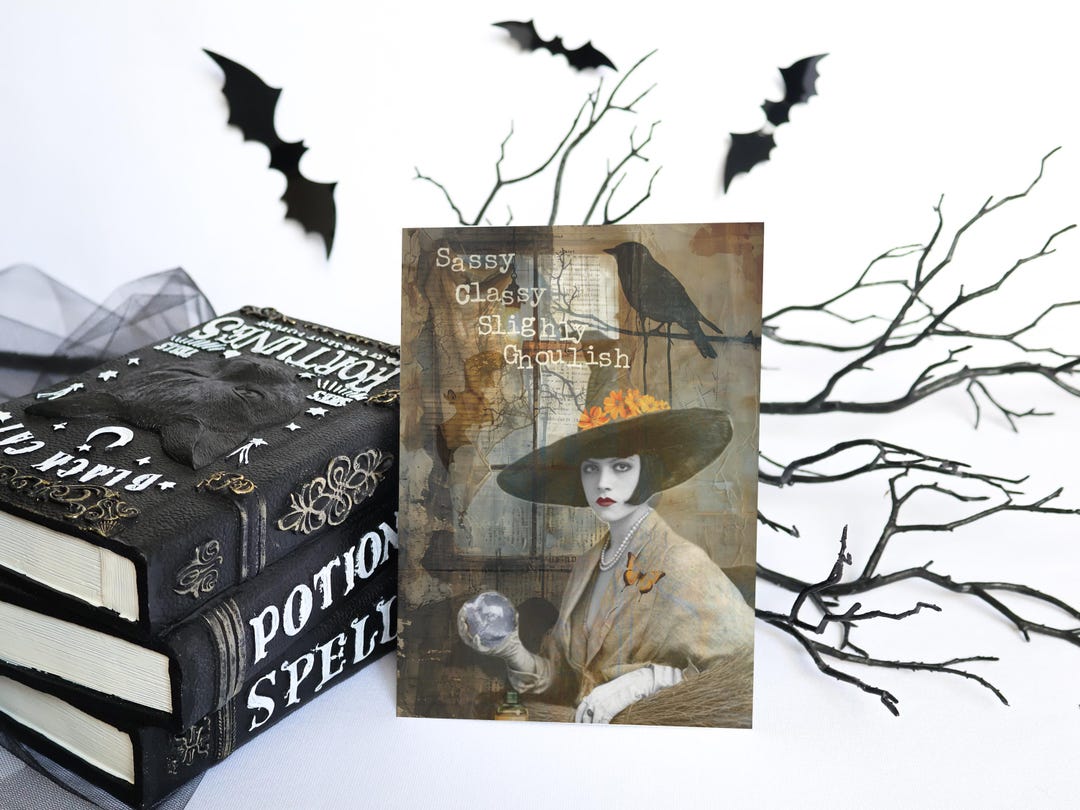 Greeting Card, Girl Witch Halloween Notecard, Spooky Magic, Obscure Art ...