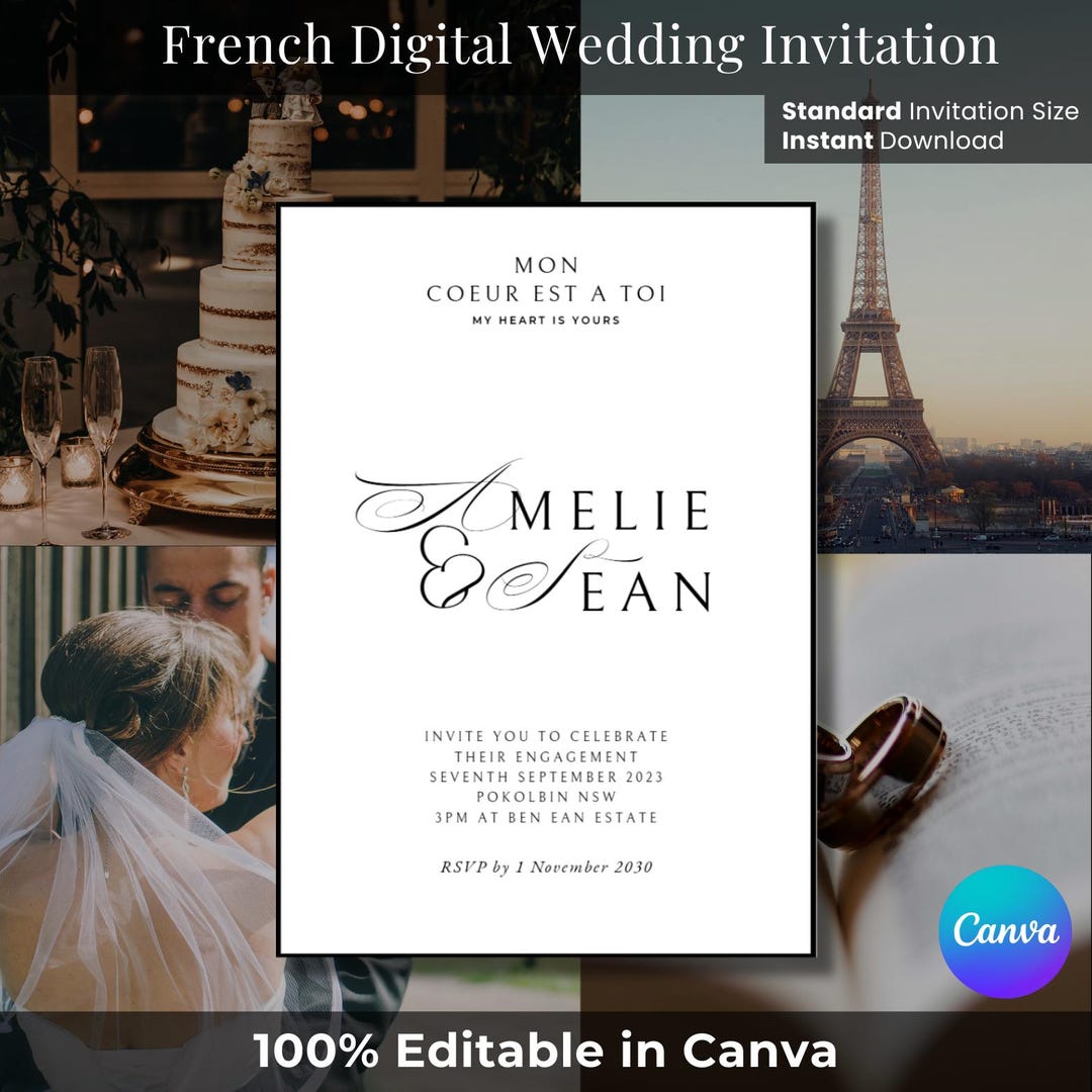 French Wedding Invitation Template | Elegant Engagement Invite ...