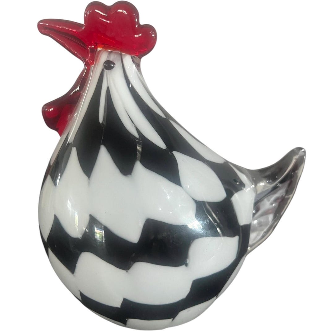 Murano Style Glass Rooster – Black & White Checkered Art Glass Chicken ...