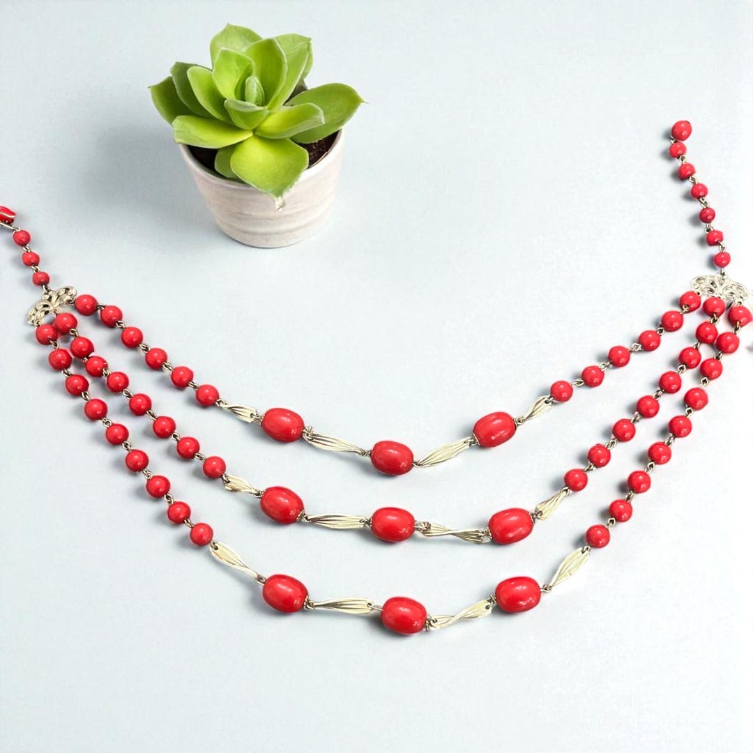 1950s Red Bead Choker Necklace, Vintage Silver Tone Costume Jewelry - Etsy
