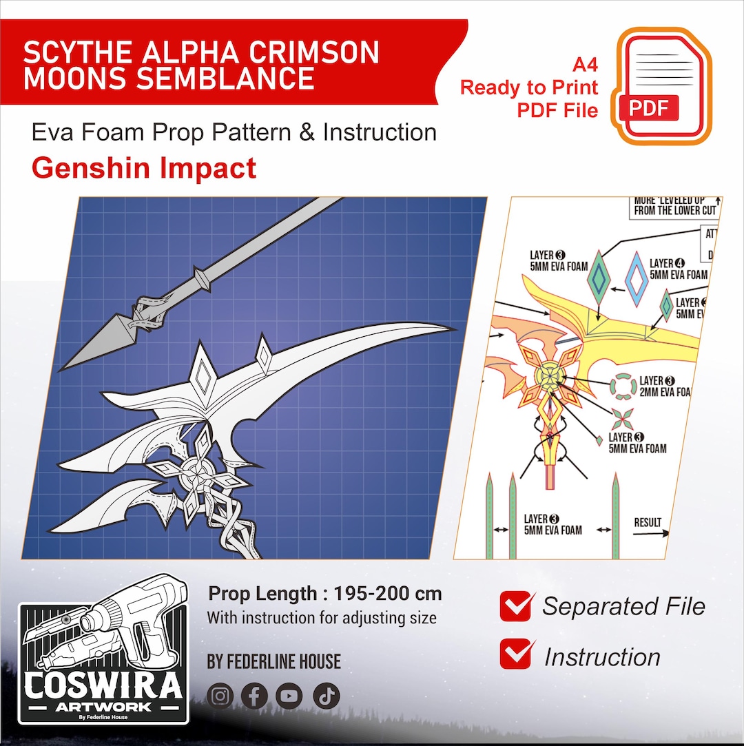 Arlecchino Scythe Alpha Crimson Moon Semblance Prop Pattern Template ...
