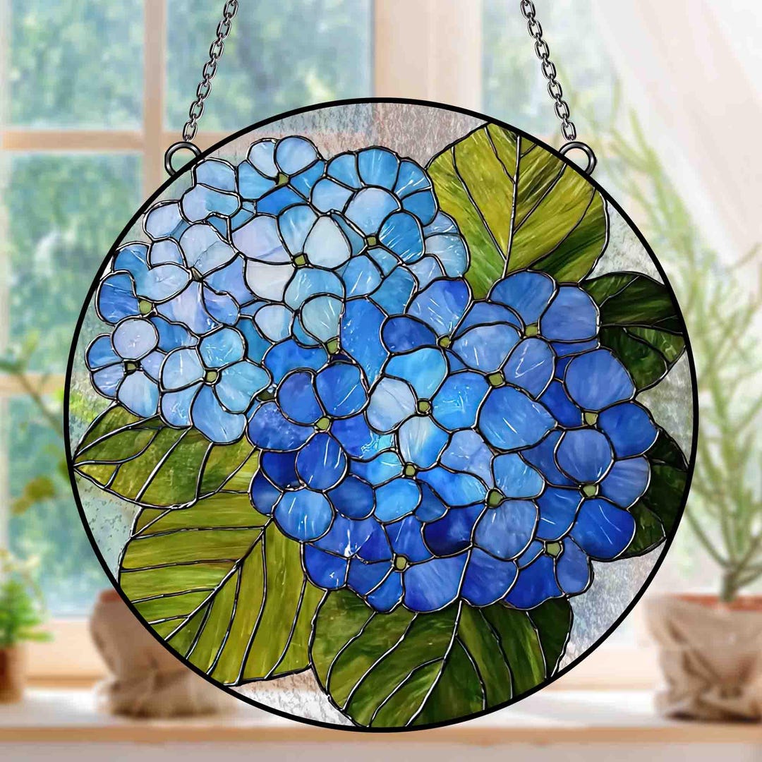Hydrangea Flower Stained Glass Suncatcher, Floral Window Hanging ...