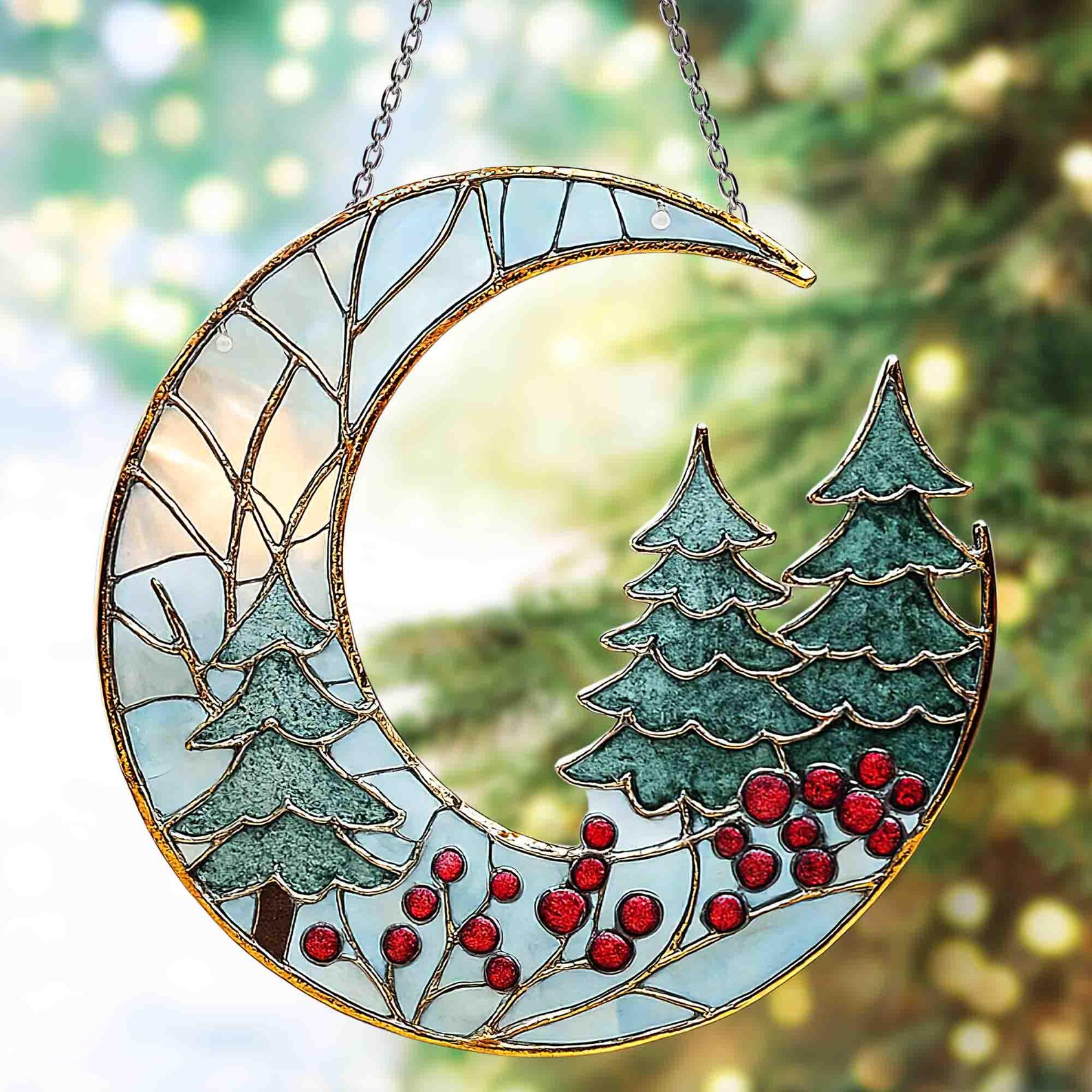 Moon and Pine Trees Acrylic Suncatcher Ornament, Christmas Tree Window ...