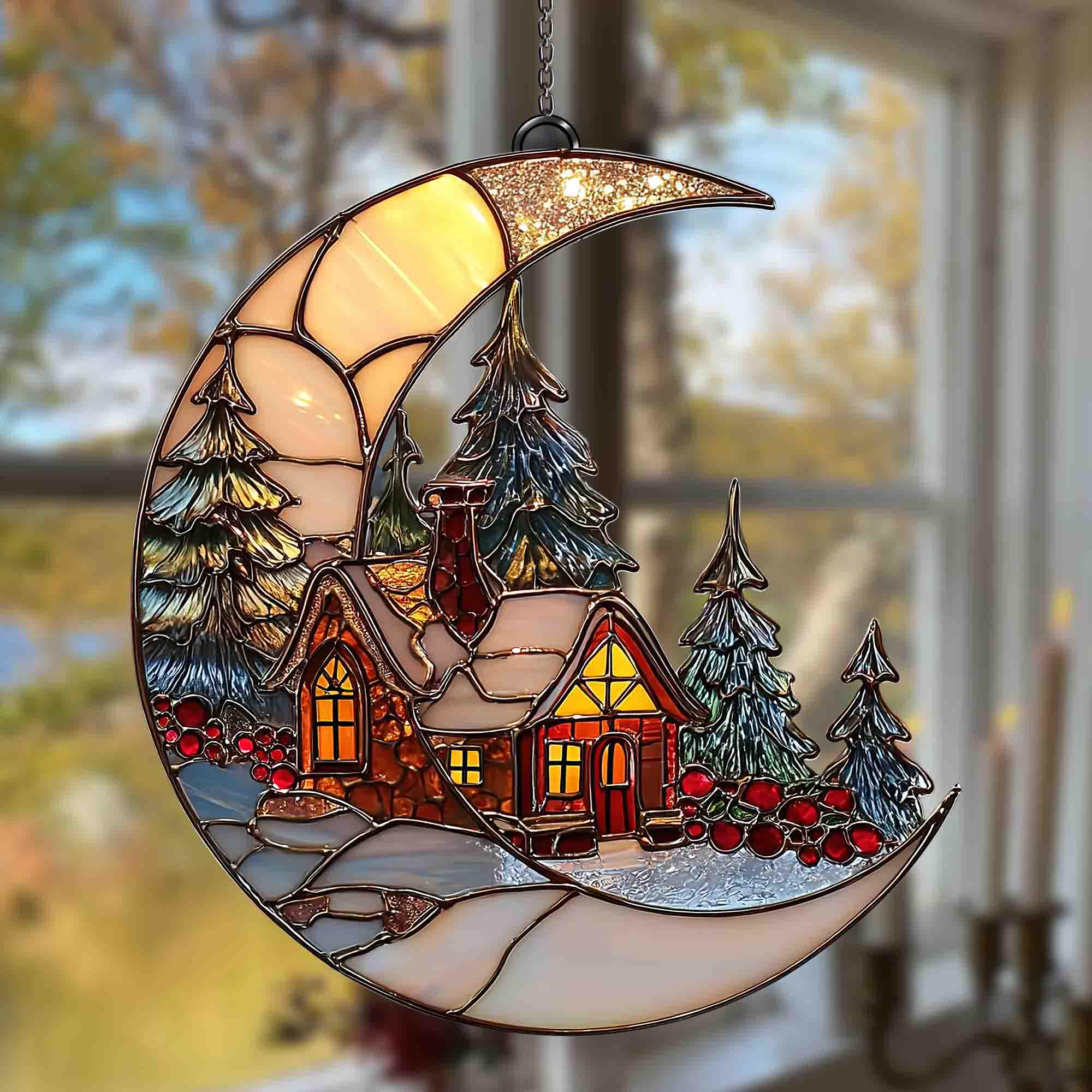 Winter Cottage Moon Acrylic Suncatcher Ornament, Christmas Crescent ...