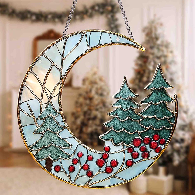 Moon and Pine Trees Acrylic Suncatcher Ornament, Christmas Tree Window ...