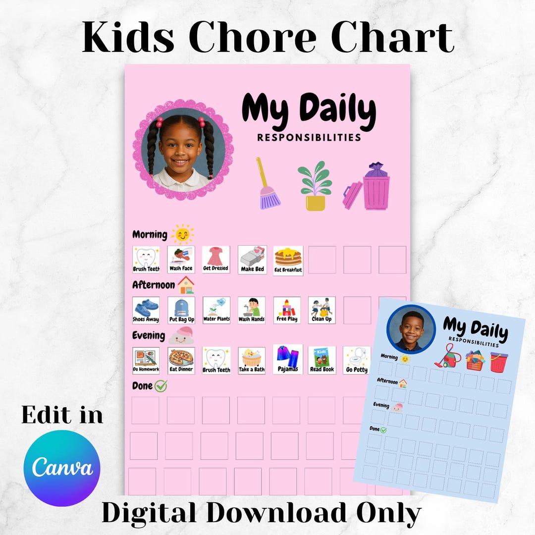 Kids Chore Chart Canva Template: Editable Daily Routine (11x14 Digital ...