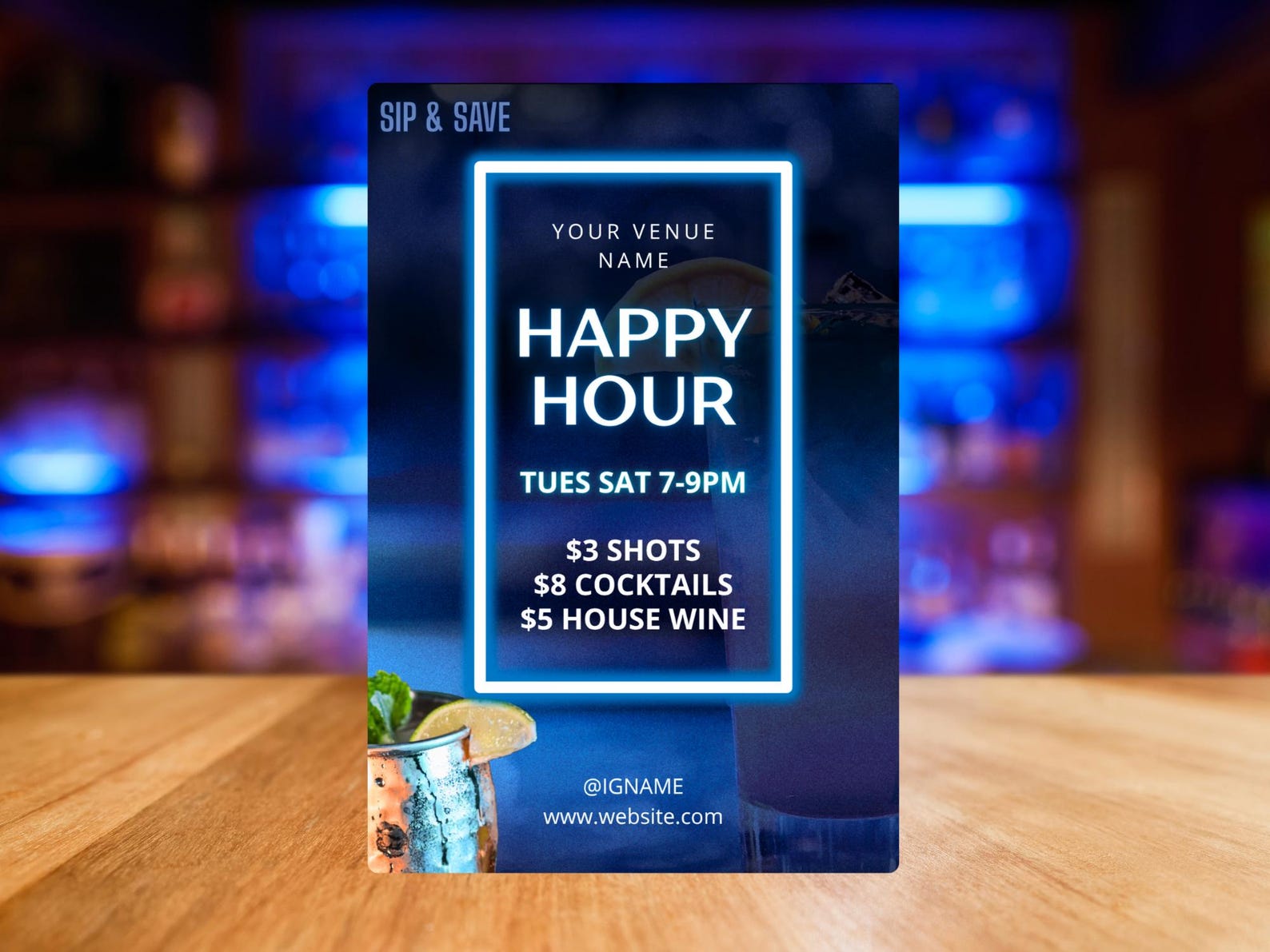 Happy Hour Flyer Template | Neon Blue Bar, Lounge, Restaurant & Club ...