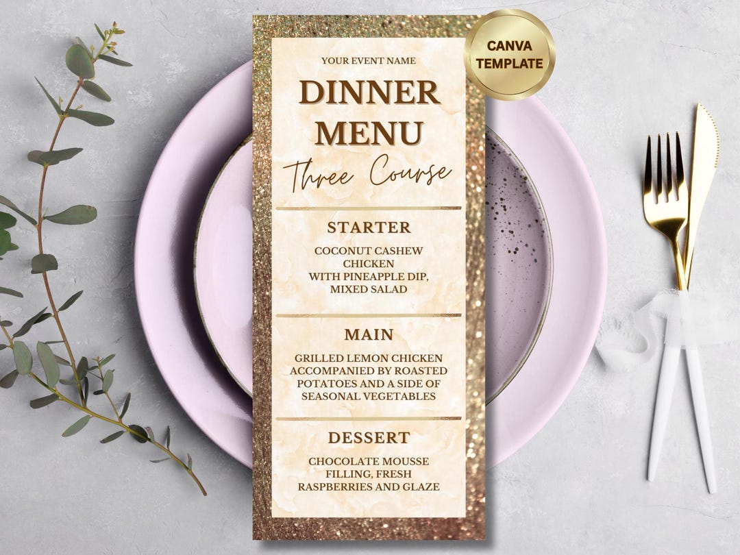 Formal Dinner Menu Template | Black Tie Corporate Event | White Gold ...