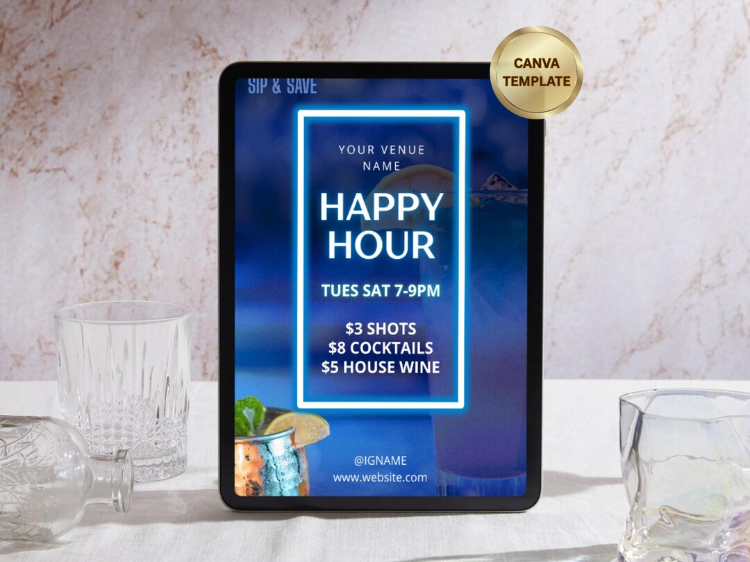 Happy Hour Flyer Template | Neon Blue Bar, Lounge, Restaurant & Club ...