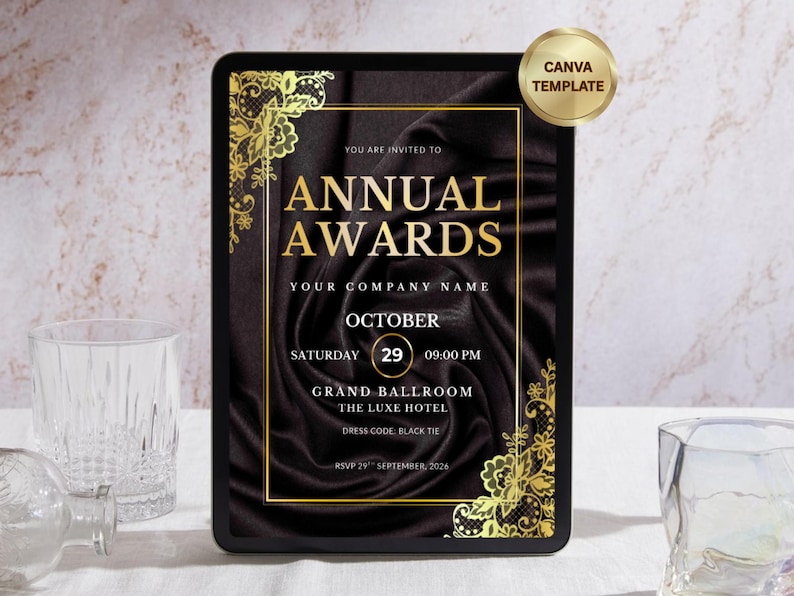 Corporate Awards Night Template Invitation | Black & Gold Formal Invite ...