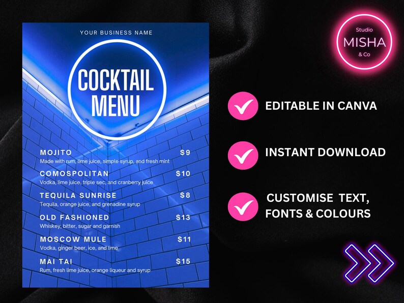 Neon Cocktail Menu Template: Editable Bar & Restaurant Design (A4/A5 ...