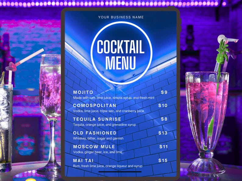 Neon Cocktail Menu Template: Editable Bar & Restaurant Design (A4/A5 ...