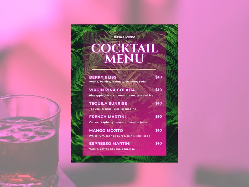 Neon Pink Drinks Menu Template | Canva Price List | Cocktail Menu for ...