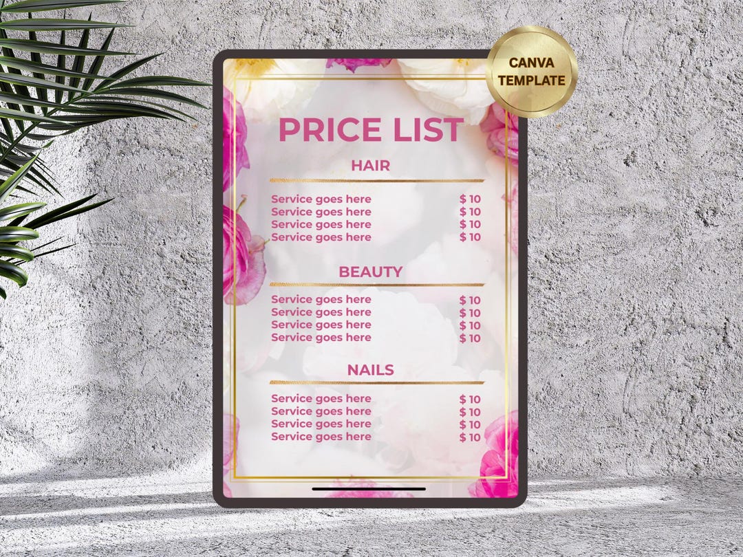 Beauty Price List Template | Glam Editable Floral Canva Service Menu ...