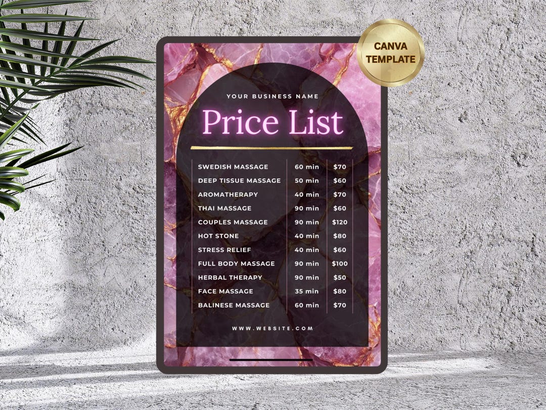 Glam Massage Spa Price List Template | Pink Editable Wellness Canva ...