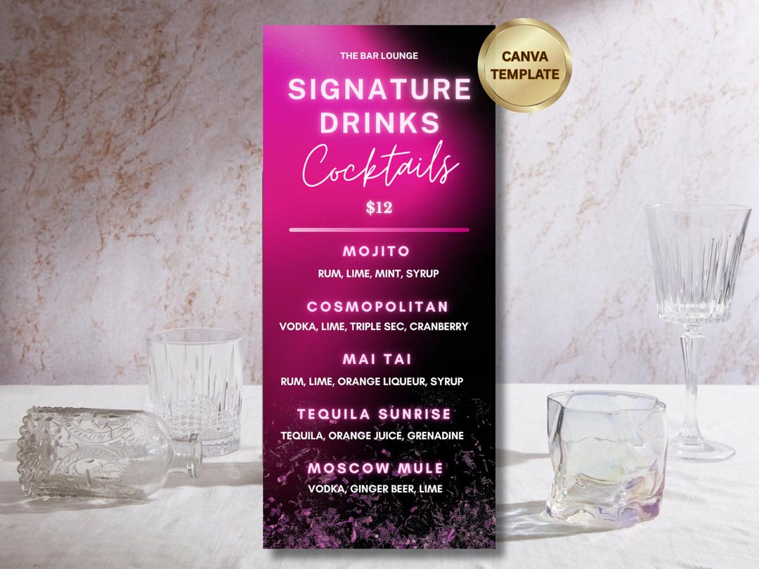 Drink Menu Template | Bar Cocktail Birthday Special Price List | Neon ...
