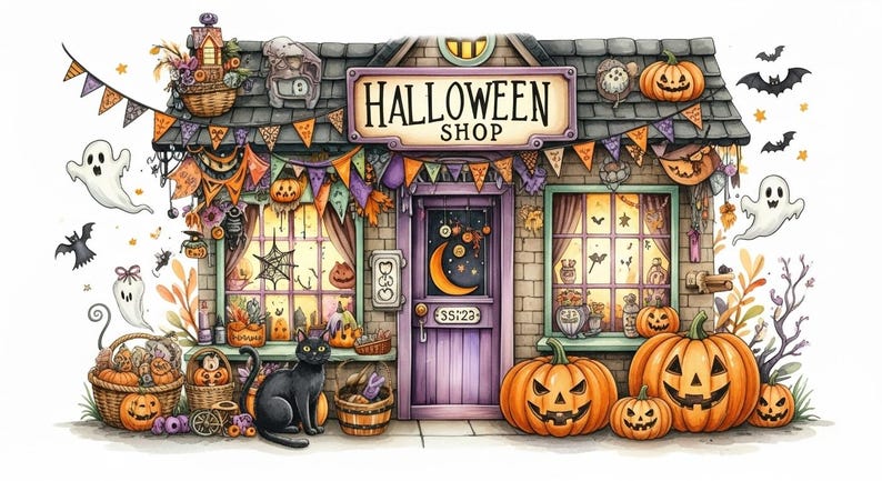 Halloween Shop Clip Art 10 High Res Watercolor Jpgs Junk Journaling ...