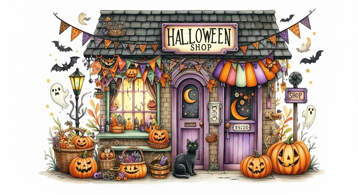 Halloween Shop Clip Art 10 High Res Watercolor Jpgs Junk Journaling ...