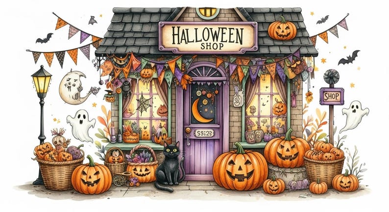 Halloween Shop Clip Art 10 High Res Watercolor Jpgs Junk Journaling ...