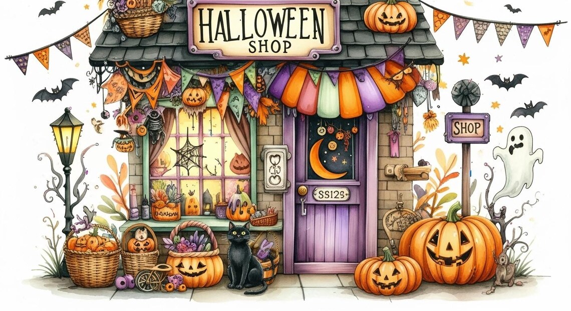 Halloween Shop Clip Art 10 High Res Watercolor Jpgs Junk Journaling ...