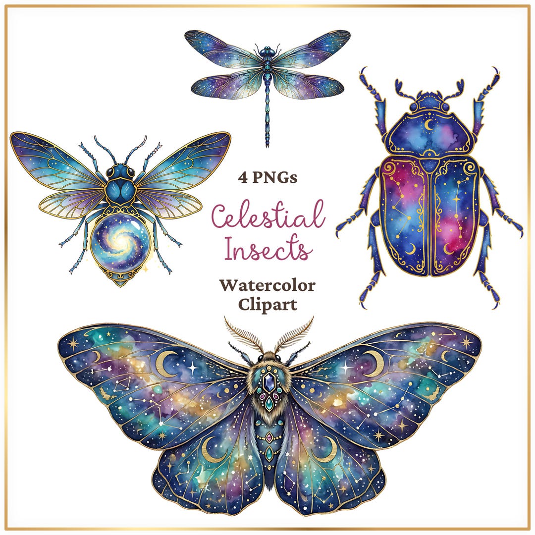 Celestial Insect PNG Bundle, Galaxy Dragonfly, Moon Moth Cosmic Beetle ...