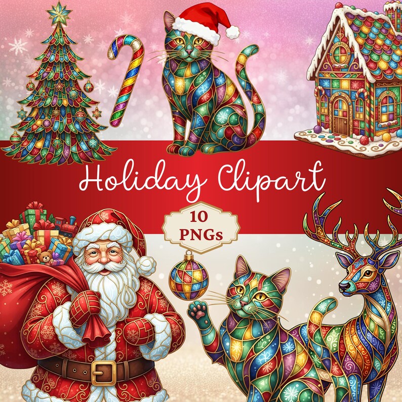 Stained Glass Christmas Clipart PNG Bundle, Holiday Cats, Santa ...