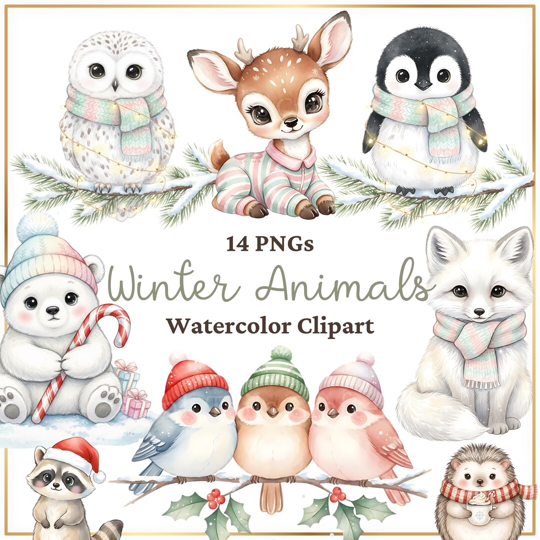 Winter Animals Clipart PNG Set, Watercolor Christmas Animals, Baby ...