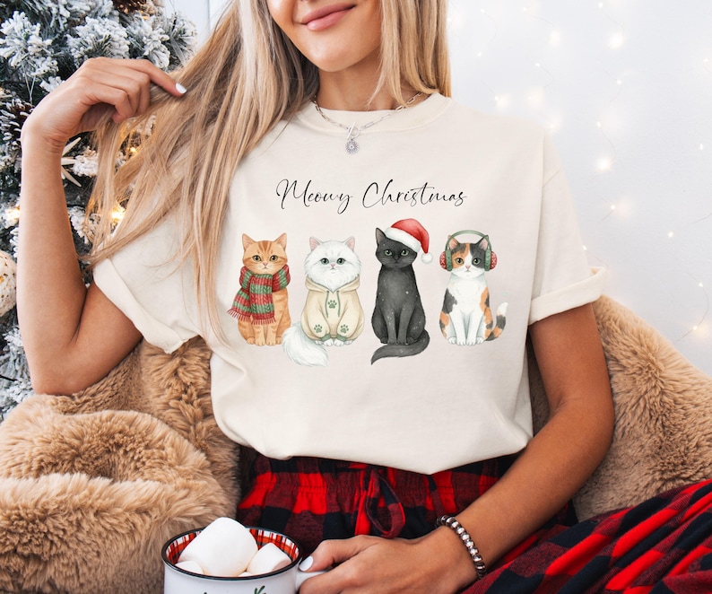 Meowy Christmas Cats PNG Bundle, Cute Watercolor Cat Clipart, Cozy ...