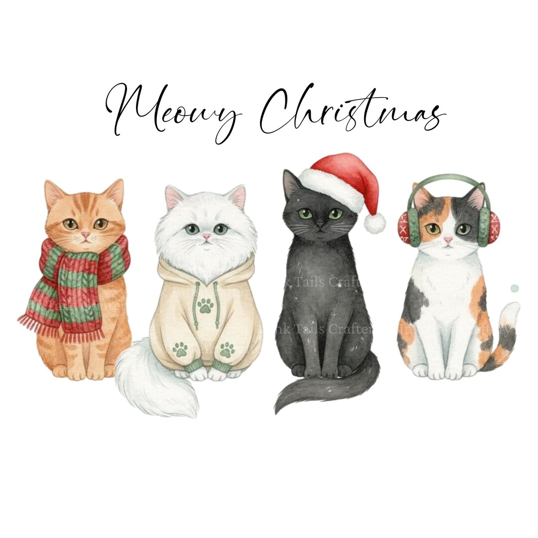 Meowy Christmas Cats PNG Bundle, Cute Watercolor Cat Clipart, Cozy ...