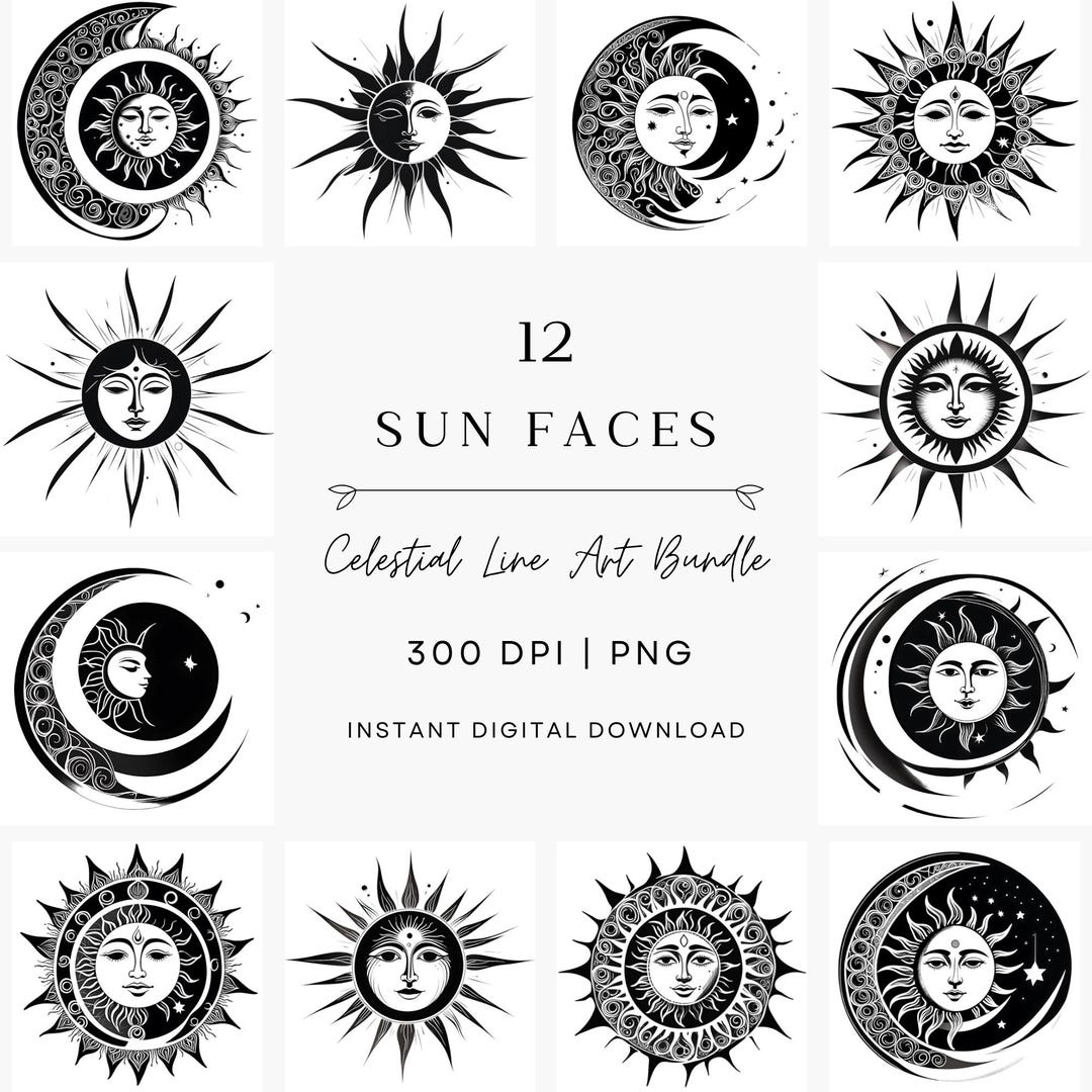 Sun Faces Clipart Celestial Line Art PNG Bundle Boho Spiritual Moon Sun ...
