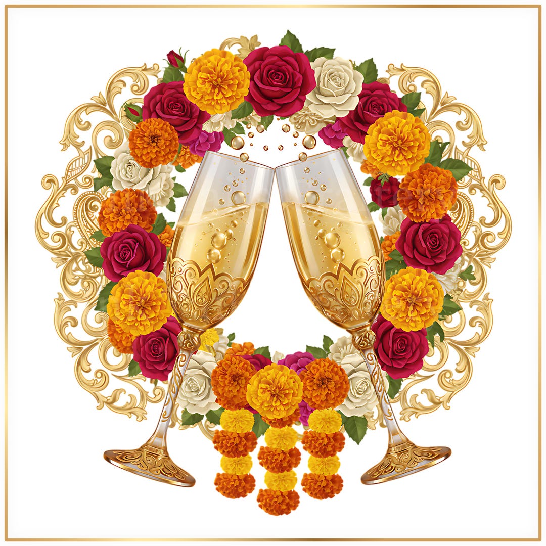 Indian Wedding Champagne Toast PNG, Gold Champagne Glass Clipart, Desi ...
