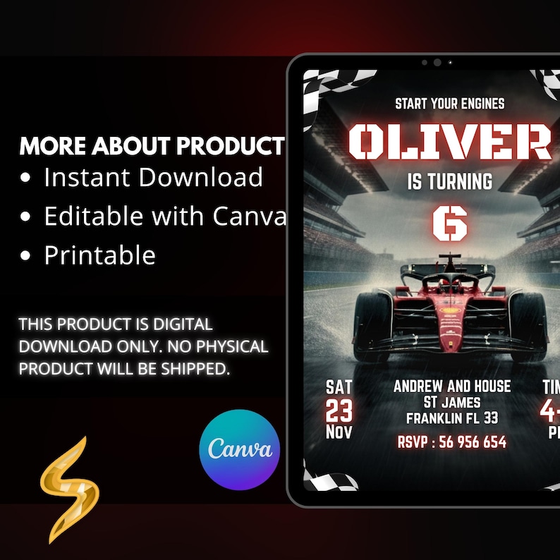 Formula One Birthday Invitation: Race Car Party, Canva Template ...