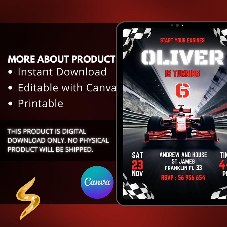 Formula One Birthday Invitation: Race Car Party, F1 Theme (digital ...