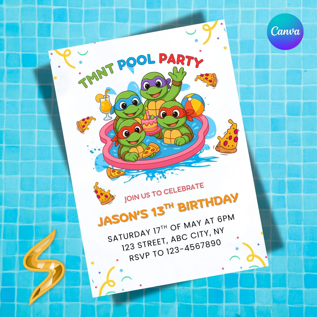 Ninja Turtle Pool Party Birthday Invitation, Boys Birthday Invite, TMNT ...