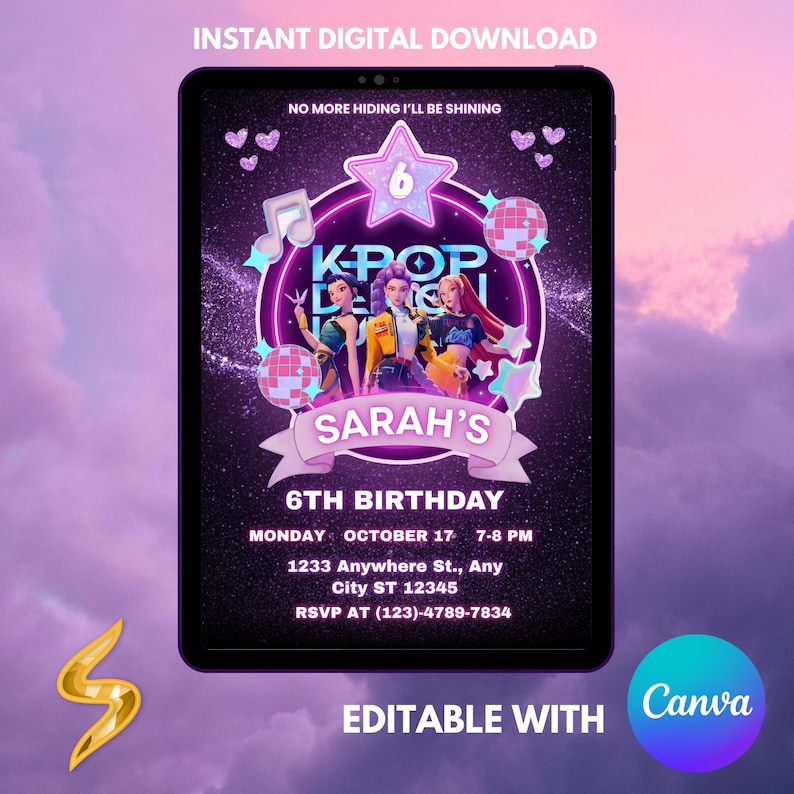 KPOP Demon Hunters Invitation, K Pop Birthday Invitation, Editable KPOP ...