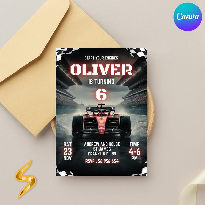 Formula One Birthday Invitation: Race Car Party, Canva Template ...