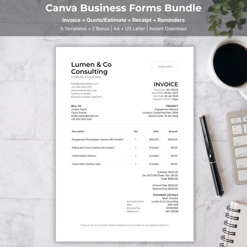 Canva Invoice Quote Receipt Templates Bundle | Payment Reminder + Final ...