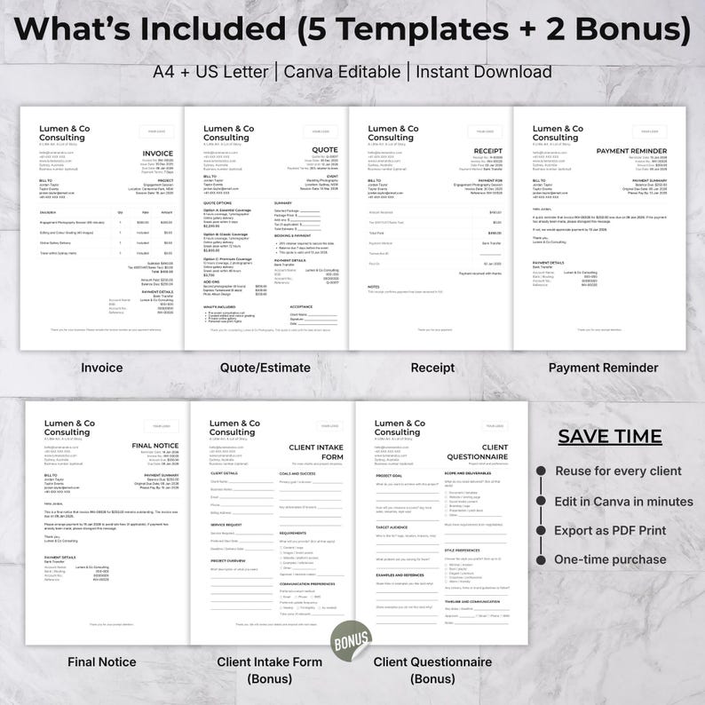 Canva Invoice Quote Receipt Templates Bundle | Payment Reminder + Final ...