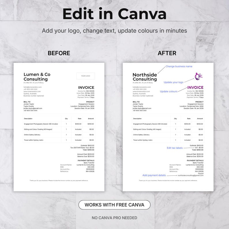 Canva Invoice Quote Receipt Templates Bundle | Payment Reminder + Final ...