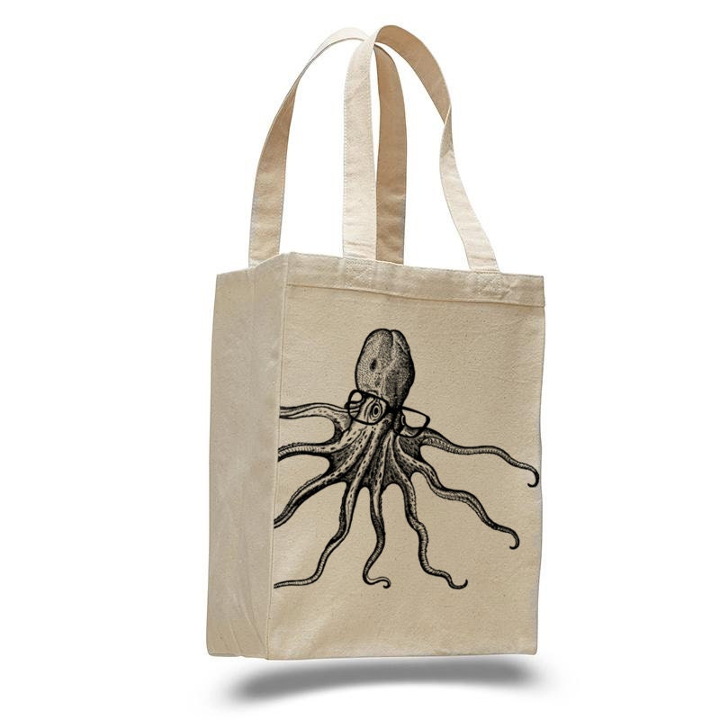 Octopus Wearing Glasses Cotton Canvas Natural Tote Bag | Etsy