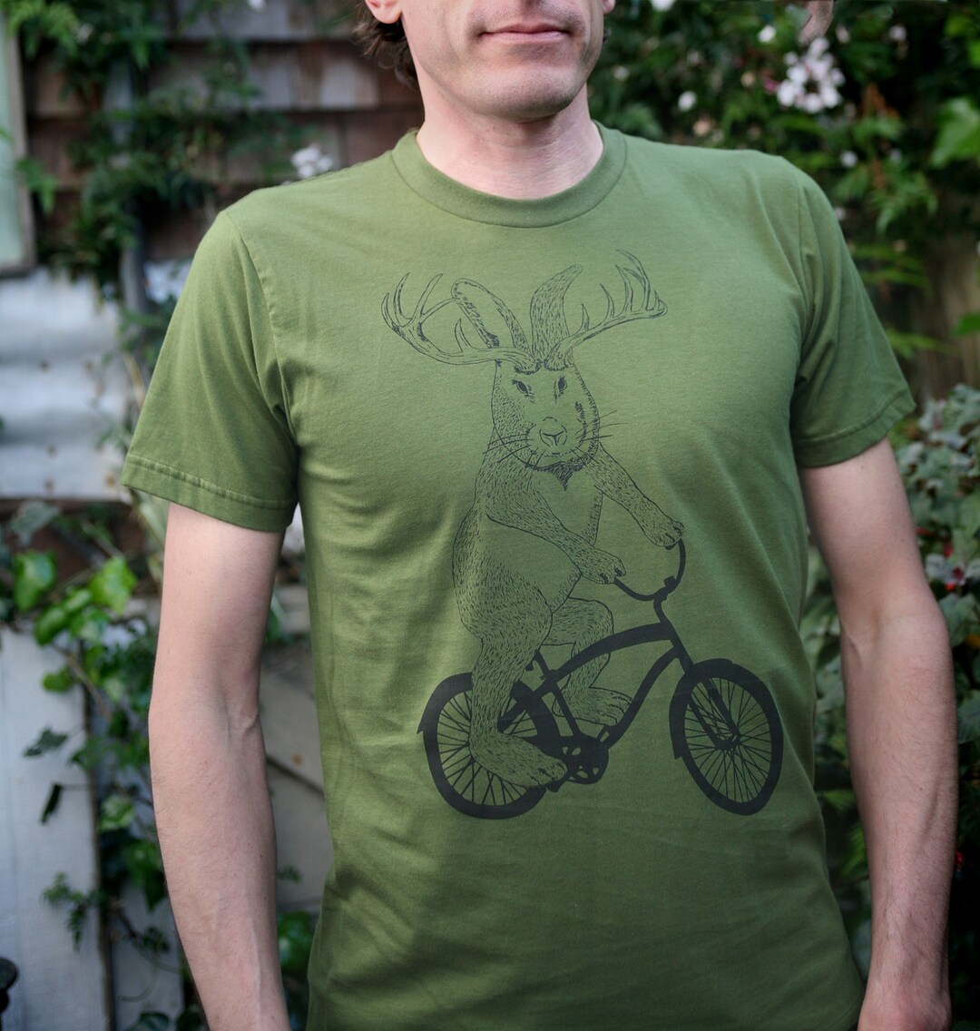 Jackalope on a Bike T Shirt- American Apparel Olive Green- Sizes S, M ...
