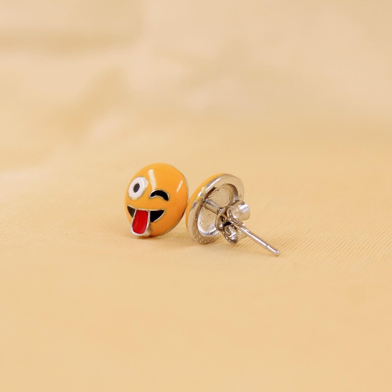 Winking Tongue-out Emoji Stud Earrings | Silver Enamel Kawaii Jewelry ...